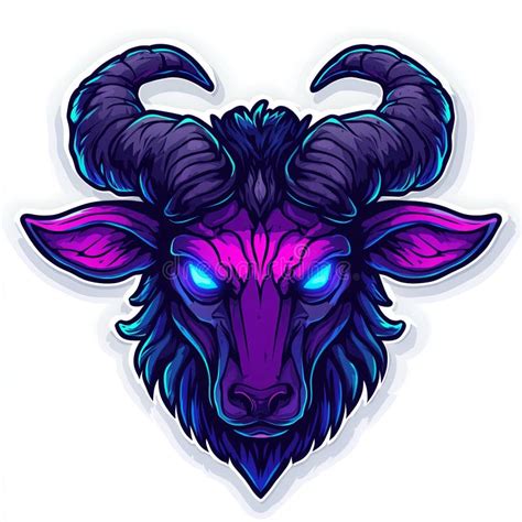 Stylized Illustration Of A Dark Purple Goat Head With Glowing Eyes And