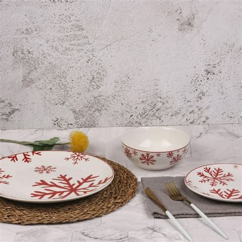 Holiday Time Ceramic Snowflake Dinnerware Set 12 Pieces Dinnerware