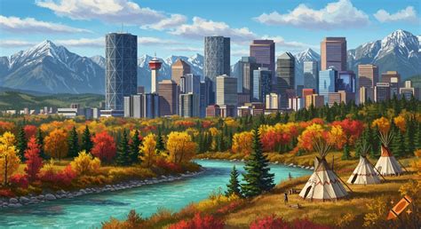Digital Painting Of The Calgary Skyline With Mountains Autumn Trees A