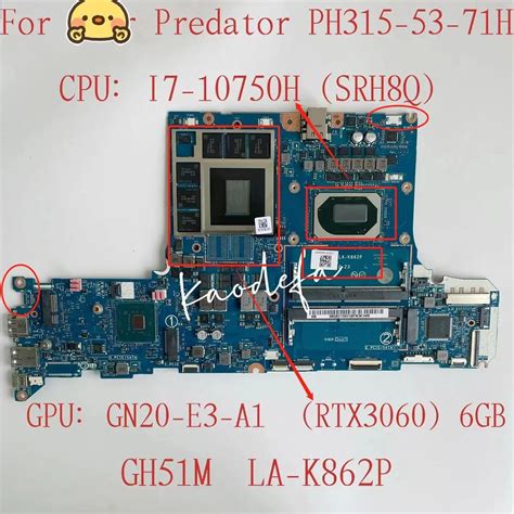 for acer predator ph315 53 71hn laptop motherboard cpu i7 10750h srh8q