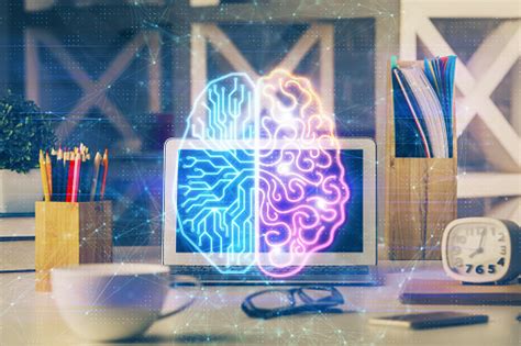 컴퓨터와 인간의 두뇌 그리기 홀로그램작업 공간의 이중 노출 브레인스토밍 컨셉 개념에 대한 스톡 사진 및 기타 이미지 개념