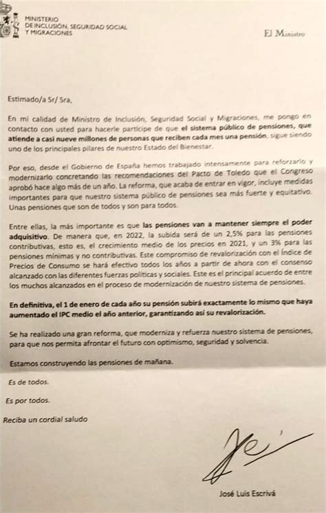 La carta de Escrivá que están recibiendo los pensionistas
