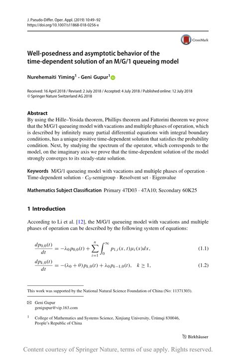 Well Posedness And Asymptotic Behavior Of The Time Dependent Solution Of An M G 1 Queueing Model