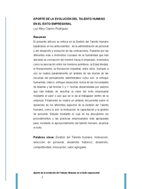 Aporte De La Evolución Del Talento Humano En El Éxito Empresarial Pdf