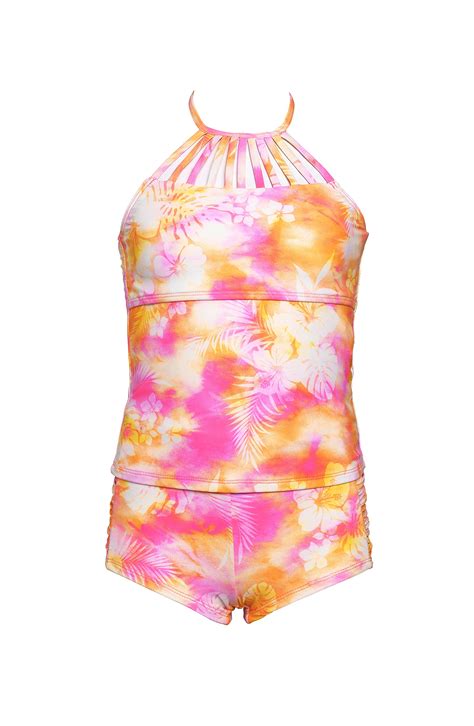 Hobie Girls Strappy High Neck Tankini Top And Shirred