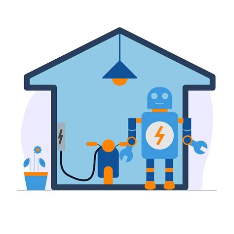 Ilustração De Um Robô Em Frente A Uma Casa Com Uma Lâmpada Vetor Premium