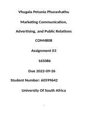 COM4808 ASS3 Docx Vhugala Petunia Phuravhathu Marketing Communication