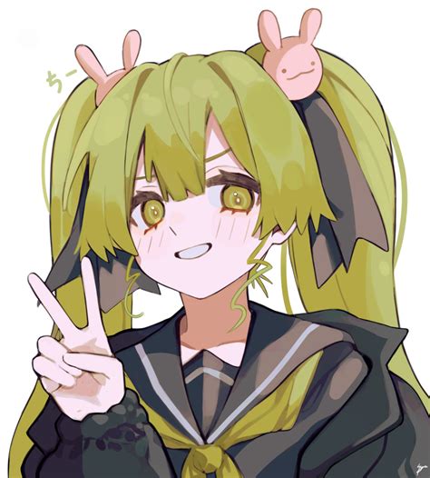 Safebooru 1girl Absurdres Blush Collarbone Green Eyes Green Hair Grey