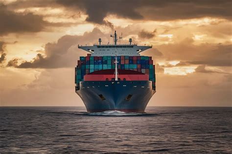 A Large Blue And Red Container Ship Is Floating In The Ocean Premium