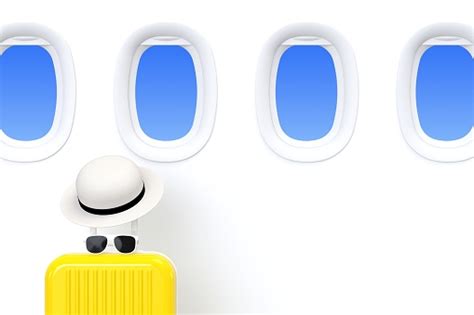 흰색 배경에 선글라스 모자 비행기 창문이 있는 현대적인 노란색 가방 가방을 닫으세요 여행 개념 휴가 여행 공간을 복사합니다 최소한의 스타일 3d 렌더링 일러스트레이션 대형에