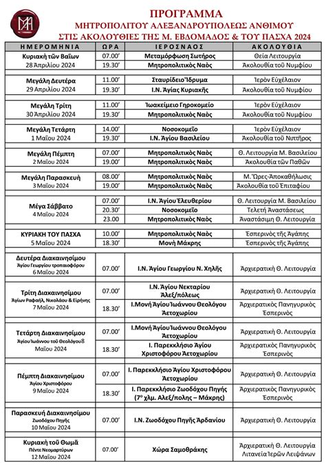 Πρόγραμμα Ιερών Ακολουθιών Μεγάλης Εβδομάδας και Πρόγραμμα Μητροπολίτου Αλεξανδρουπόλεως Ανθίμου