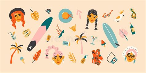 Bundle Of Trendy Doodle Surfing Elements Colorful Summer Collection