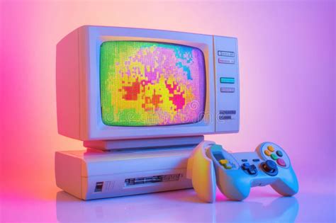 Retro Gaming Console Creates Vibrant Colors On Vintage Screen While Controller Awaits Action