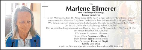 Traueranzeige Von Marlene Ellmerer Vom 16 11 2022 Tiroler Tageszeitung