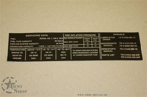 Army Data Plate HMMWV M M M Us Army Military Shop