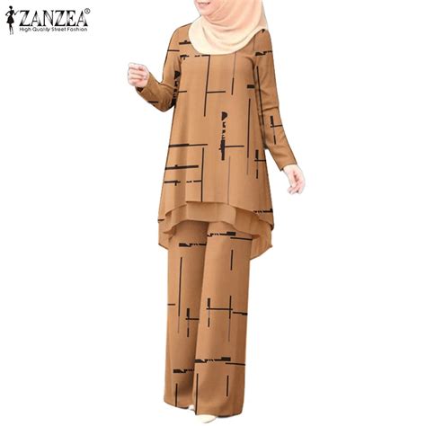 ZANZEA Women Leisure Full Sleeve Double Layer Irregular Hem Stripe Printing Elastic Waist Muslim