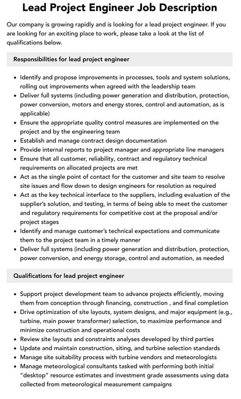 Lead Project Engineer Job Description Velvet Jobs