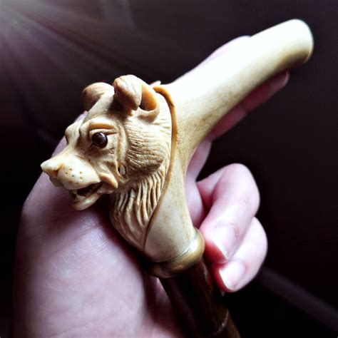 Antique Antler Carved Lion Handle Walking Stick 19th Gem
