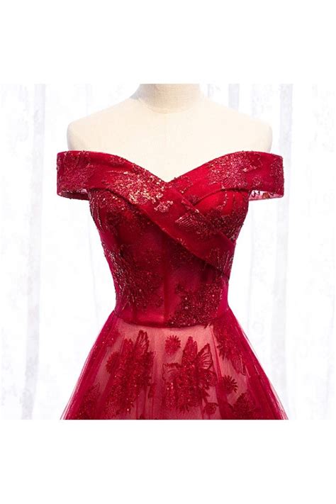 Long Formal Burgundy Sequins Evening Dress With Off Shoulder MYS SheProm