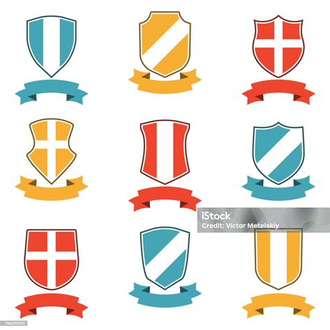 리본 아이콘이 설정된 방패입니다 다른 방패 모양 컬렉션입니다 헤럴드 로얄 디자인 벡터 그림입니다 개체 그룹에 대한 스톡 벡터 아트 및 기타 이미지 Istock