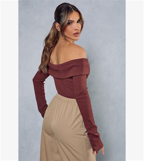 Buy Misspap Ribbed Off The Shoulder Long Sleeves Top In Brown