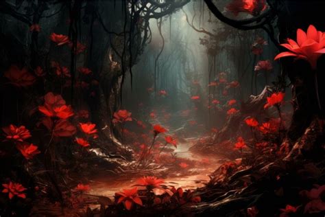 Dense Red Flowers Dark Jungle Generate Ai