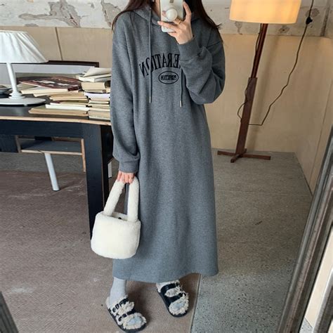 連身裙．韓版休閒字母連帽抽繩長袖洋裝．白鳥麗子 長袖洋裝 Yahoo奇摩購物中心