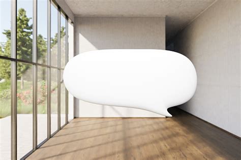 창문과 정원이 있는 호화로운 로프트 아파트에서 공중에 떠 있는 텍스트가 있는 검색 상자 미니멀 한 인테리어 거실 디자인 3d 일러스트레이션 0명에 대한 스톡 사진 및 기타