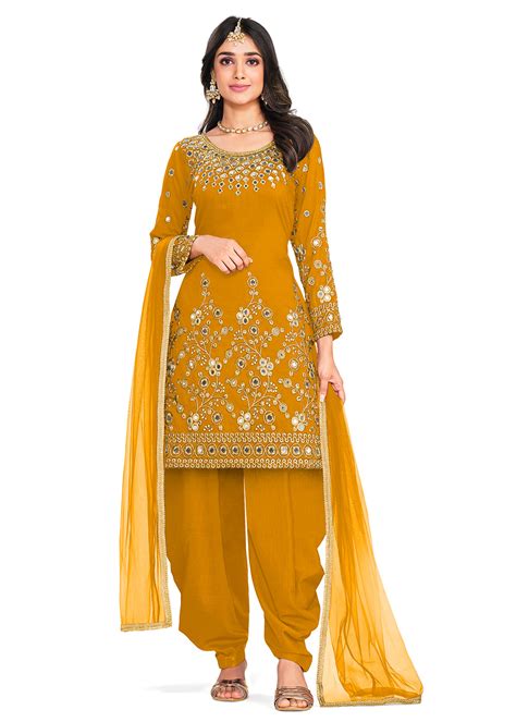 Buy Patiala Salwar Suit Punjabi Style Mustard Silk Mirror Work Suit