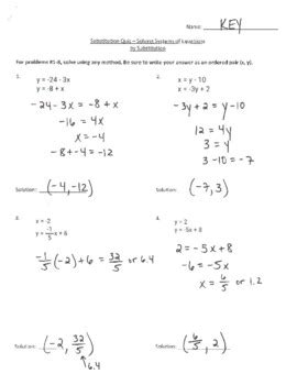 Solving Systems Of Equations By Substitution WS Or Quiz With Answer Key