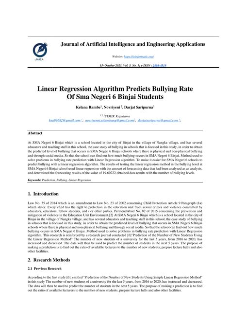 pdf linear regression algorithm predicts bullying rate of sma negeri