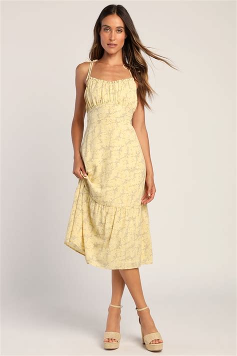 Yellow Midi Dress Yellow Floral Dress Tie Strap Midi Dress Lulus