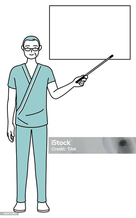 병원 가운을 입은 중년 및 고령 남성이 표시기 막대가 있는 화이트보드를 가리키며 입원한 환자 가리키기에 대한 스톡 벡터 아트 및
