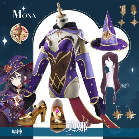 Game Genshin Impact Mona Cosplay Costume Hat Earrings Shoes Anime Wig