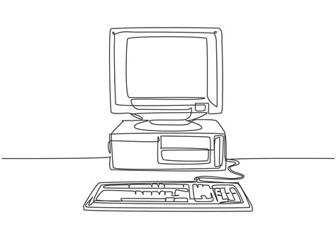 Single Continuous Line Drawing Of Retro Old Classic Personal Computer Processor Unit Vintage
