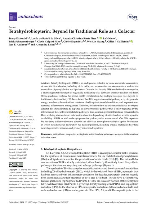 Pdf Tetrahydrobiopterin Beyond Its Traditional Role As A Cofactor