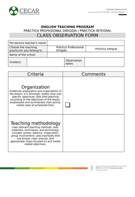 Class Observation Form English Teaching Program PrÁctica Profesional