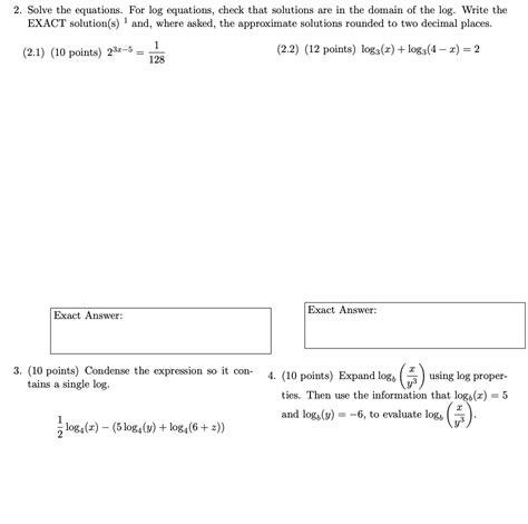 Solved 2 Solve The Equations For Log Equations Check That Chegg Com