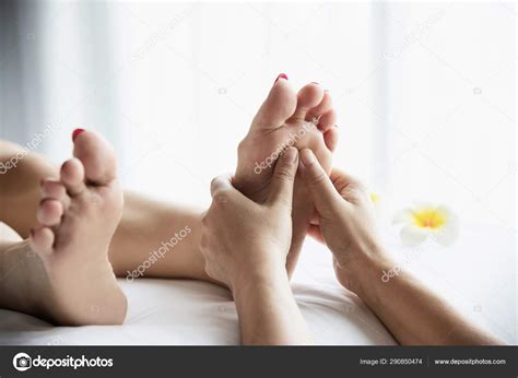 Woman Receiving Foot Massage Service Masseuse Close Hand Foot Relax