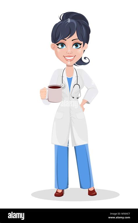 Doctor Woman Professional Medical Staff Beautiful Cartoon Character Medic Holding A Cup Of Hot
