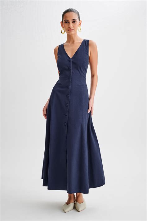 Theodora Cotton Buttoned Midi Dress Navy Meshki Us