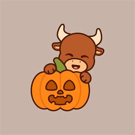 Premium Vector Vector Cute Bull With Jack O Lantern