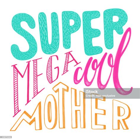 디지털 손 그리기 노란색 분홍색 파란색 문자 슈퍼 메가 멋진 어머니 어머니의 날 인쇄 인사말 포스터 배너 휴일 카드에 대한 필기 문구 흰색 격리 된 배경입니다 슈퍼맘에 대한