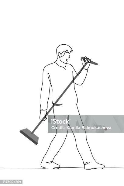 스탠드에 마이크를 들고 서 있는 전체 길이 남자 한 줄 그리기 벡터 공연 중 컨셉 싱어 라이브 노래 노래방 애호가 가수에 대한