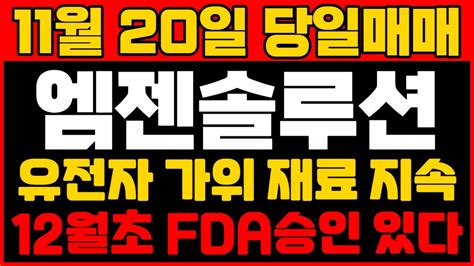 엠젠솔루션 주가전망 11월 20일 당일매매 결과 유전자 가위 재료 지속 12월초 Fda승인 있다 Youtube