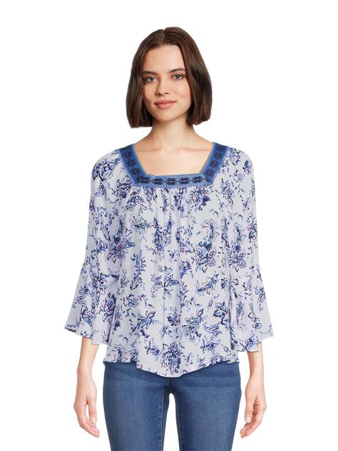 The Pioneer Woman Square Neck Flutter Sleeve Ruffle Hem Blouse Womens