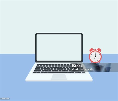 현대 비즈니스 사무실 작업 공간 배경입니다 노트북과 알람 시계가 있는 사무실 책상의 평면 그림 0명에 대한 스톡 벡터 아트 및 기타 이미지 Istock