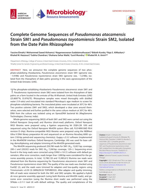 Pdf Complete Genome Sequences Of Pseudomonas Atacamensis Strain Sm1 And Pseudomonas