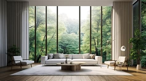 대형 창문을 통해 자연과 숲의 탁 트인 전망을 제공하는 흰색 3d 렌더링의 현대적인 거실 공간 고급 아파트 호화로운 집 호텔 인테리어 배경 일러스트 및 사진 무료